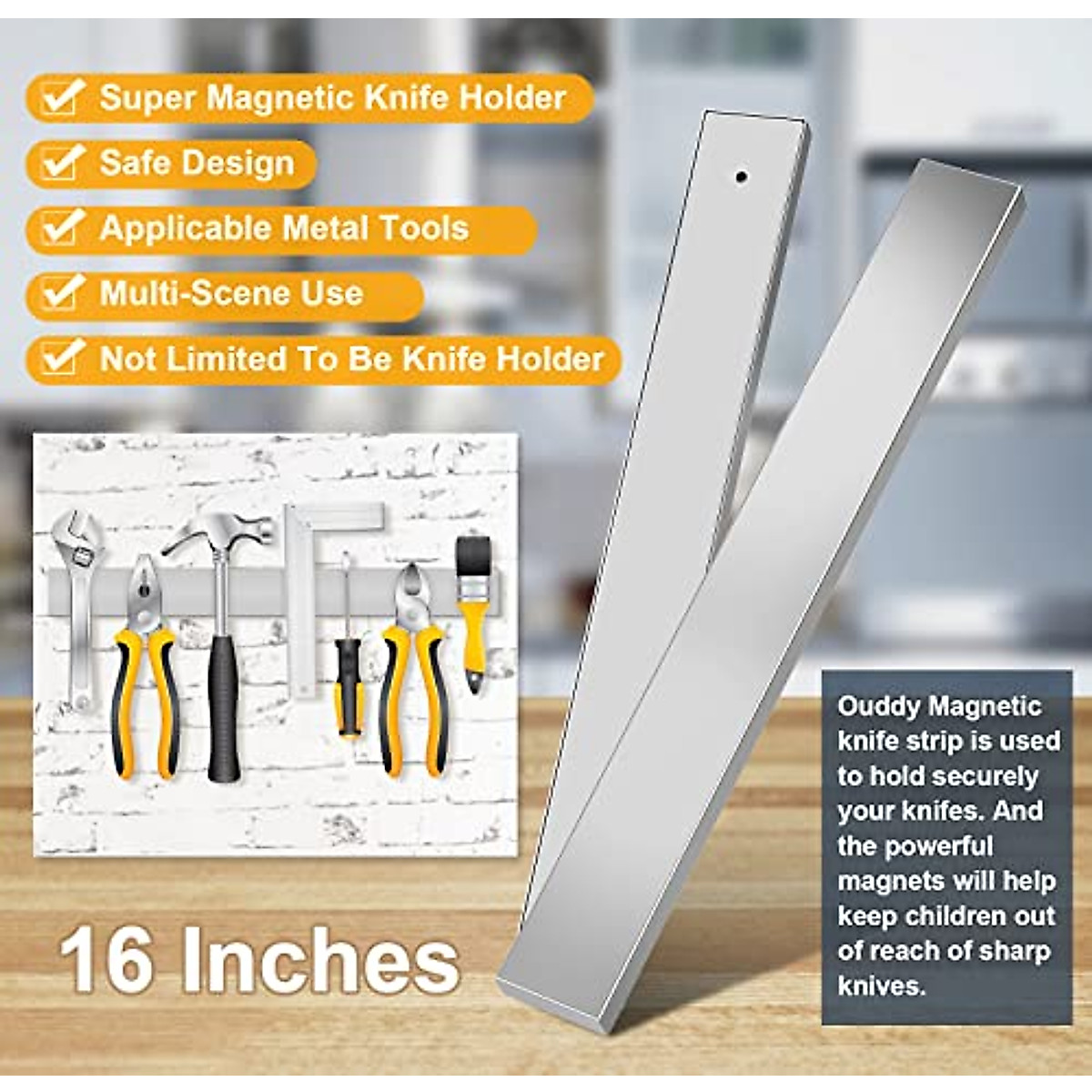 Ouddy 16 Inch Magnetic Knife Holder for Wall, Stainless Steel Knife Magnetic Strip Block Bar Rack Use as Kitchen Knife Holder, Knife Strip, Magnetic Tool Organizer, Art Supply Organizer & Home Organizer