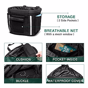 ANZOME Deluxe Pet Bike Basket, Adjustable Fit Front Handlebar Carrier with Reflective Stripes, Seatbelt, Breathable Mesh and Soft Mat for Small Pets, Quick Release