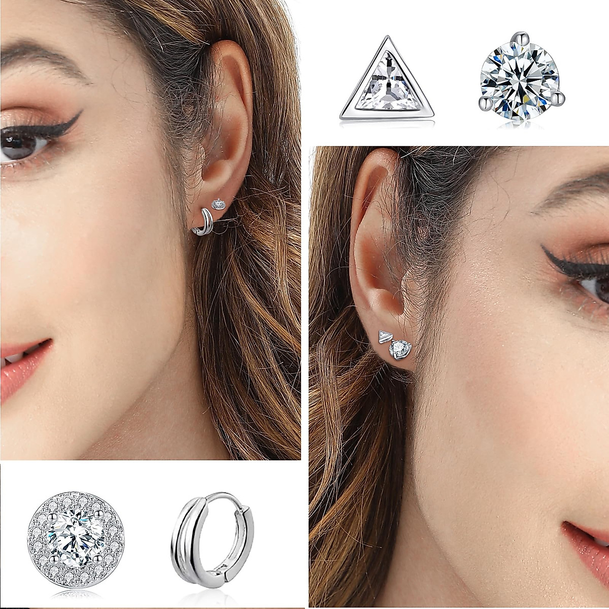 925 Sterling Silver Stud Earrings Set | Round Clear Cubic Zirconia Stud Earrings for Women | 5 Pairs Different Sizes Hypoallergenic Sterling Silver Earring Studs