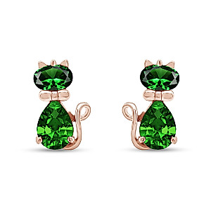 Mother's Day Jewelry Gift Pear & Oval Shape Simulated Emerald Cute Animal Kitty Cat Stud Earrings In 14k Rose Gold Over Sterling Silver