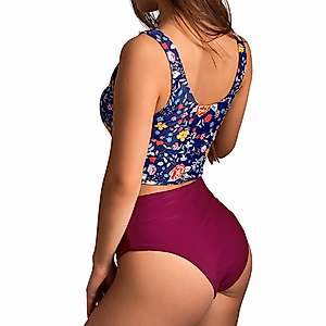 ZAFUL Women's Scoop Neck Tropical Leaf Knotted Two Pieces Tankini Set Swimsuit (4-Plum Pie, L)