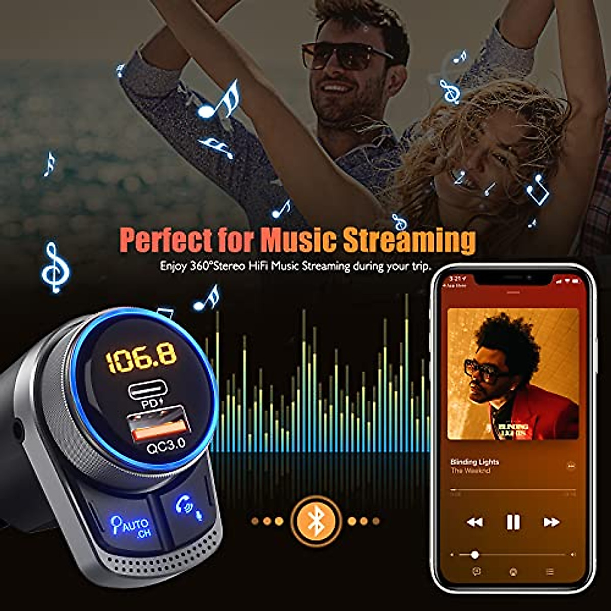 LENCENT FM Transmitter Bluetooth in-car, Auto-Tune Frequency Auto Search Bluetooth Radio Frequency Wireless Car Adapter, Type-C PD 20W & QC3.0 Quick Fast Charge, Support AUX and Hands-Free Calling