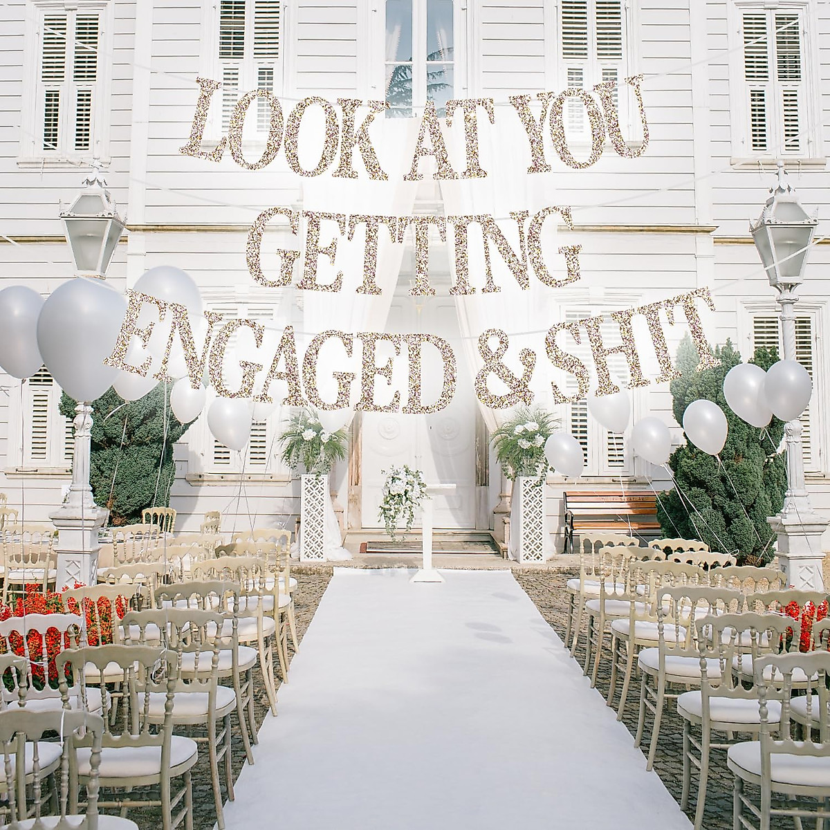 Look At You Getting Engaged & Shit Banner, Happy Engagement Banner, Bridal Shower/Wedding/Engagement/Bachelorette Party Decorations Supplies Glitter