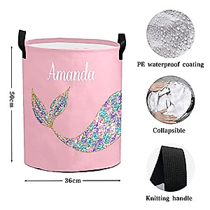 Mermaid Pink Large Storage Basket Personalized Laundry Hamper with Name Bathroom Home Decor Collapsible Round Storage Bin Boxes Clothing for Gift