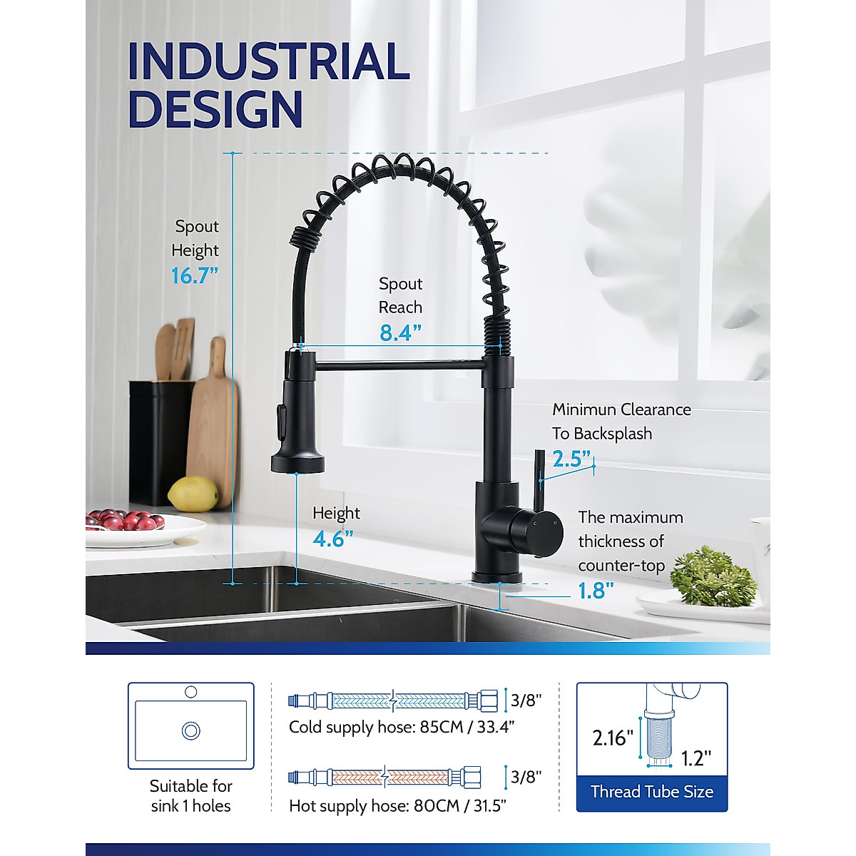 LUFEIDRA Black Kitchen Faucet with Sprayer-High Arc Kitchen Faucets Single Hole 304 Stainless Steel Kitchen Sink Faucet, Efficient Cleaning Faucet for Bar Sink Commercial Modern rv, Matte Black