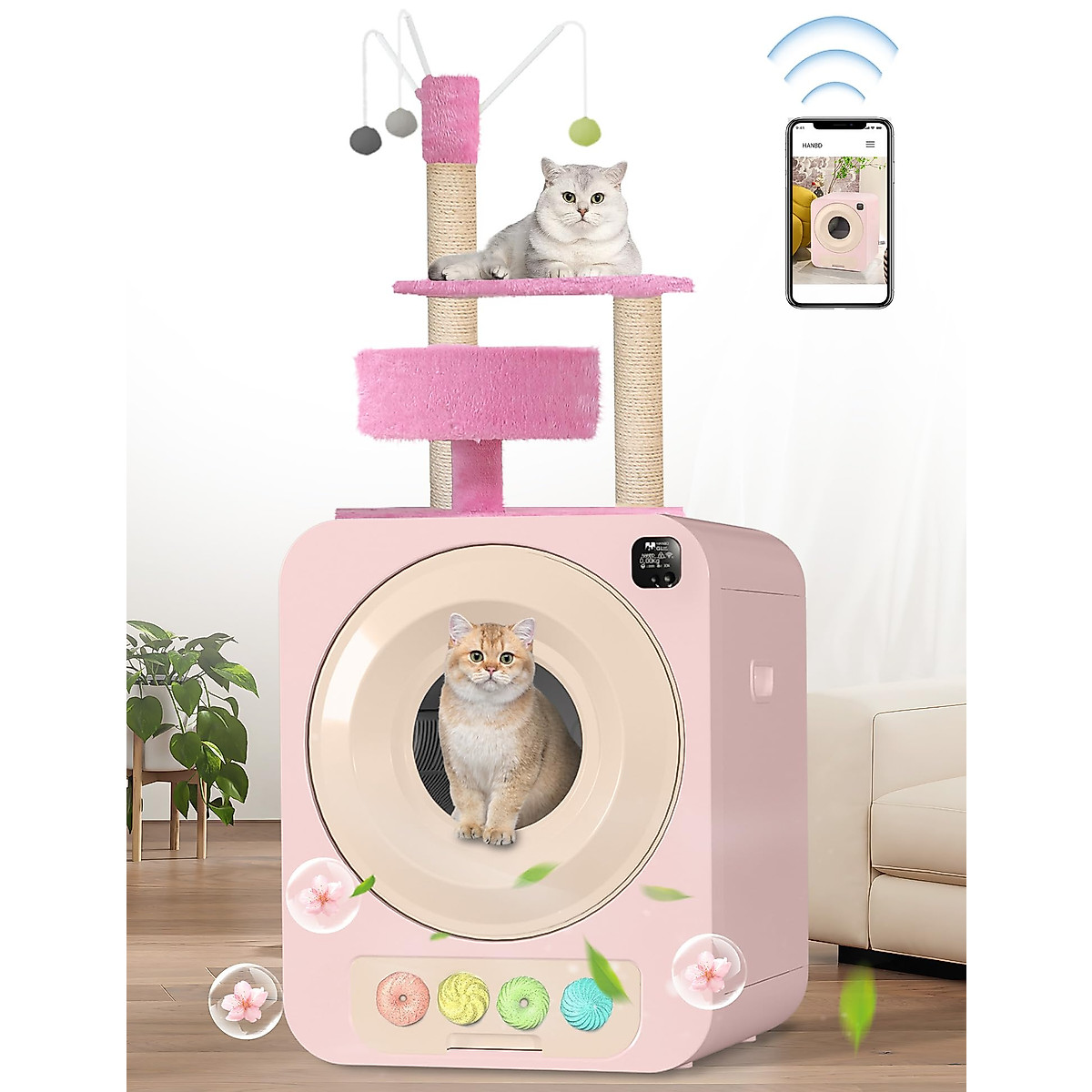 Self Cleaning Cat Litter Box with Cat Tree Scratching Post, Automatic Cat Litter Box for Multiple Cats with APP Control Odor Removal Integrated Safety Protection Smart Robort Pink