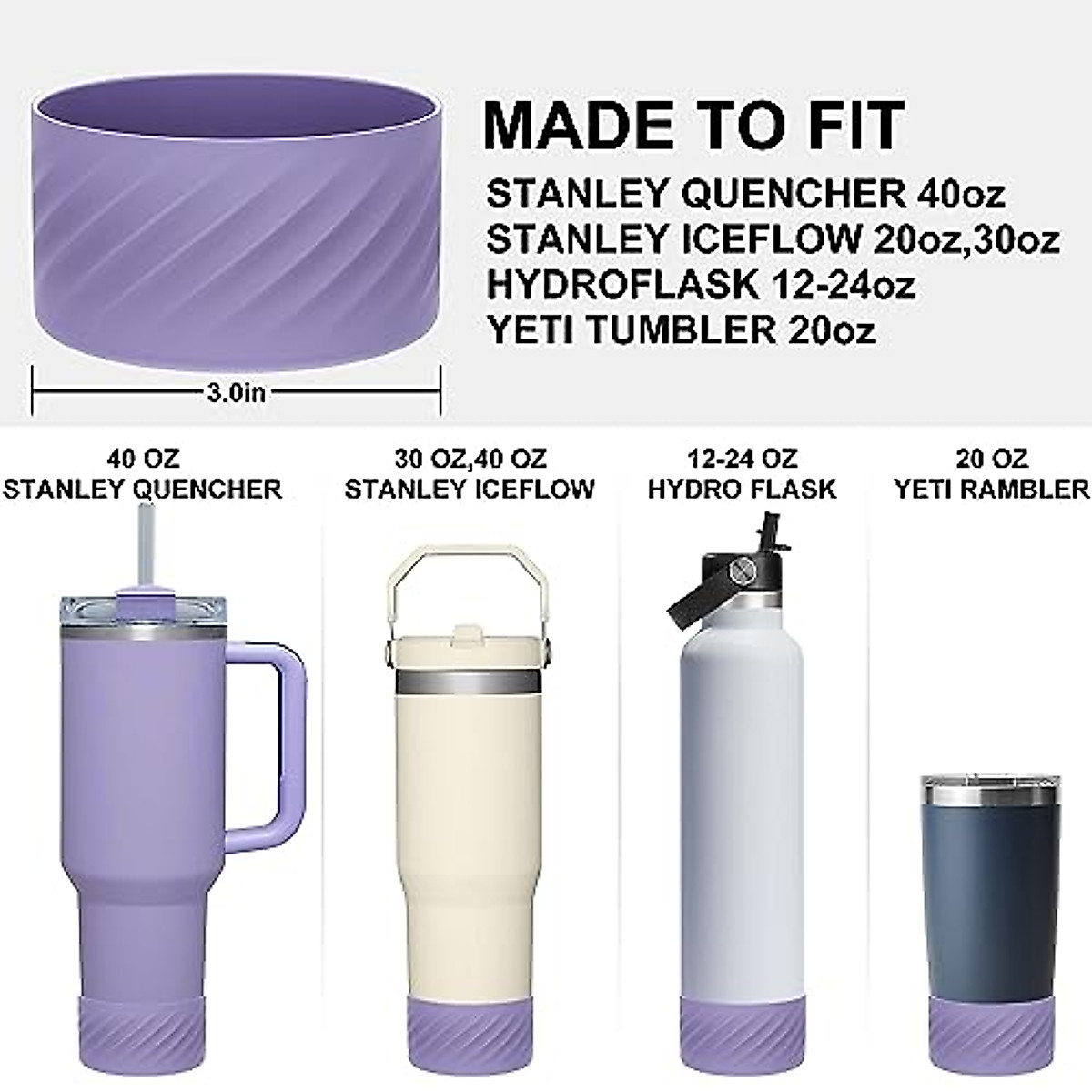 Affute Protective Silicone Boot for Stanley Quencher H2.0 40 oz & IceFlow Flip 20 oz 30 oz and hydroflask 12-24 oz, Anti-Slip Bottle Bottom Sleeve Cover (Lavender)