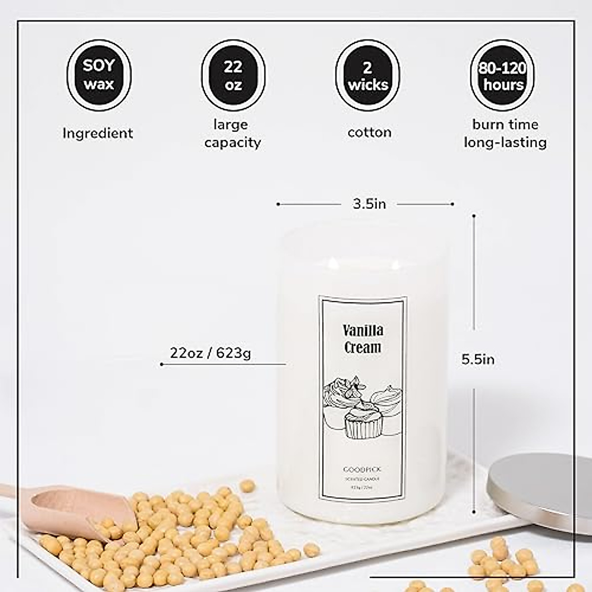 Goodpick Vanilla Scented Candle 22 oz, Decorative Candles for Home Fragrance, Gifts for Women, Christmas Gift, Birthday, Friendship Gifts, Aromatherapy Candle, 2 Wicks Large Candle Jar, Soy Candles