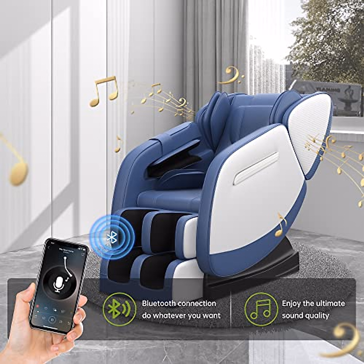 FOELRO 2022 Full Body Massage Chair, Zero Gravity Shiatsu Recliner with Air Bags, Back Heater, Foot Roller and Bluetooth Speaker, Blue