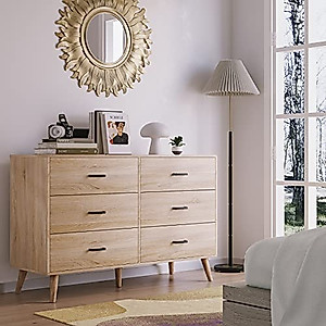 Bigbiglife Wood Dresser for Bedroom, 6 Drawer Dresser with Metal Handles, Mid Century Modern Dresser Double Chest of Drawer (Light Oak)