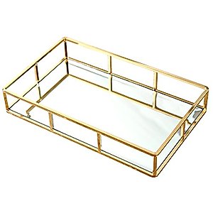 PuTwo Tray Mirror, Gold Mirror Tray Perfume Tray Mirror Vanity Tray Dresser Tray Ornate Tray Metal Decorative Tray Tray Jewelry Perfume Organizer Makeup Tray for Vanity, Dresser, Bathroom, Bedroom