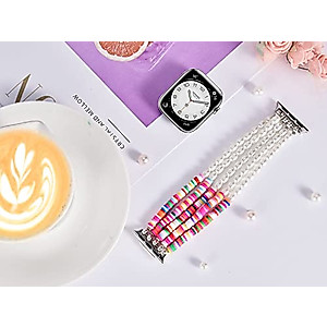V-MORO Beaded Bracelet Compatible with Apple Watch Bands Series 7/6 45mm 44mm 42mm Women, Peal Silicone Sheet Fashion Handmade Elastic Stretch Strap for iWatch Series SE/5/4/3/2/1