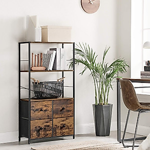 SONGMICS Storage Cabinet with Shelves and Fabric Drawers, Bookshelf in Living Room, Study, Bedroom, Multifunctional, Rustic Brown + Black