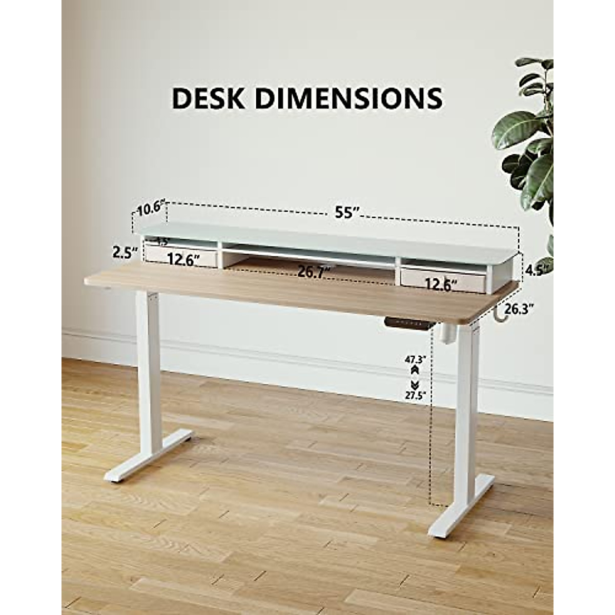 BANTI 55"x 26" Electric Standing Desk with Glass Top Monitor Stand, Adjustable Sit Stand Up Table with Double Drawer, Sit Stand Desk with Storage Shelf, Light Walnut Top