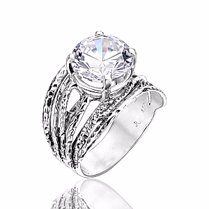 JEAN RACHEL JEWELRY 925 Sterling Silver Ring With A White Round Cubic Zirconia CZ Prong, Hypoallergenic, Nickel and Lead-free, Artisan Handcrafted Designer collection, Made In Israel