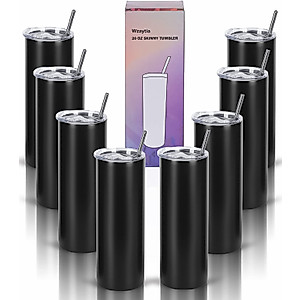 Wzaytia 20 Oz Stainless Steel Straight Skinny Tumbler Set (8 Pack), Insulated Slim Thin Travel Cup with Lid, Black