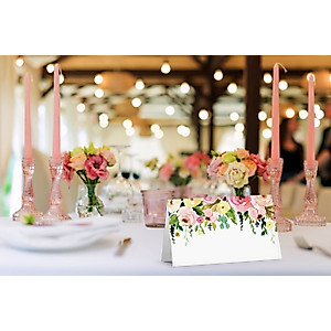 Table Place Card, Watercolor Floral Themed Tent Style Cards, Pack of 25 Half-Fold Reception Place Cards, Perfect for Wedding, Bridal & Baby Shower, Party, Birthday, Banquet and Special Events A39