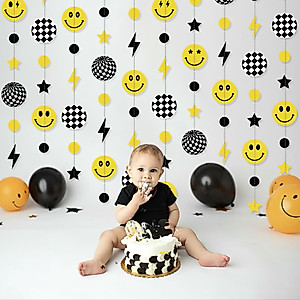 One Happy Dude Paper Garland for 1st Birthday Decorations Boy - Pre-Strung Smiley Face String Banner with Checkered, Perfect Hanging Streamer Backdrop Idea for Cool Dude Birthday Party (44Ft)