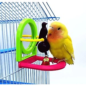 Bird Mirror for Cage, Bird Mirror Toy with Paddle Wheels and Perch, Bird Hanging Training Toys for Cage, Parrot Foraging Toys, Bird Interactive Intelligence Toy Random Color (Bird Clock)