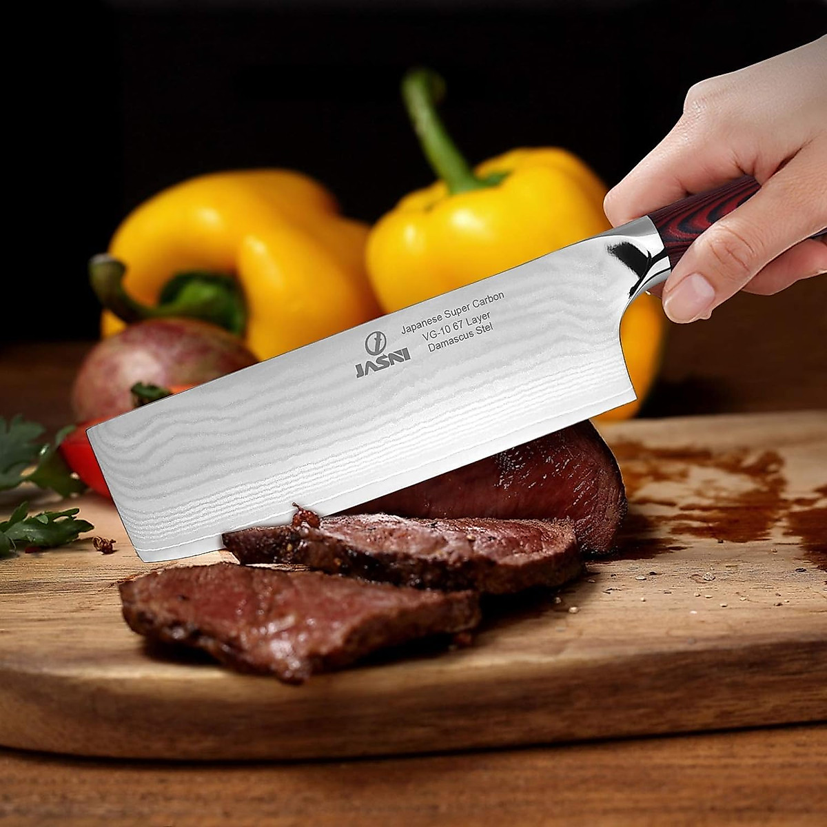 Jasni Chef Knife Professional High Carbon VG10 Damascus Steel Nakiri Knives Japanese 7 Inch Kitchen Knife, Fruit and Vegetable Chefs Knife, Ultra Sharp 67-Layer Forged Blade Knife