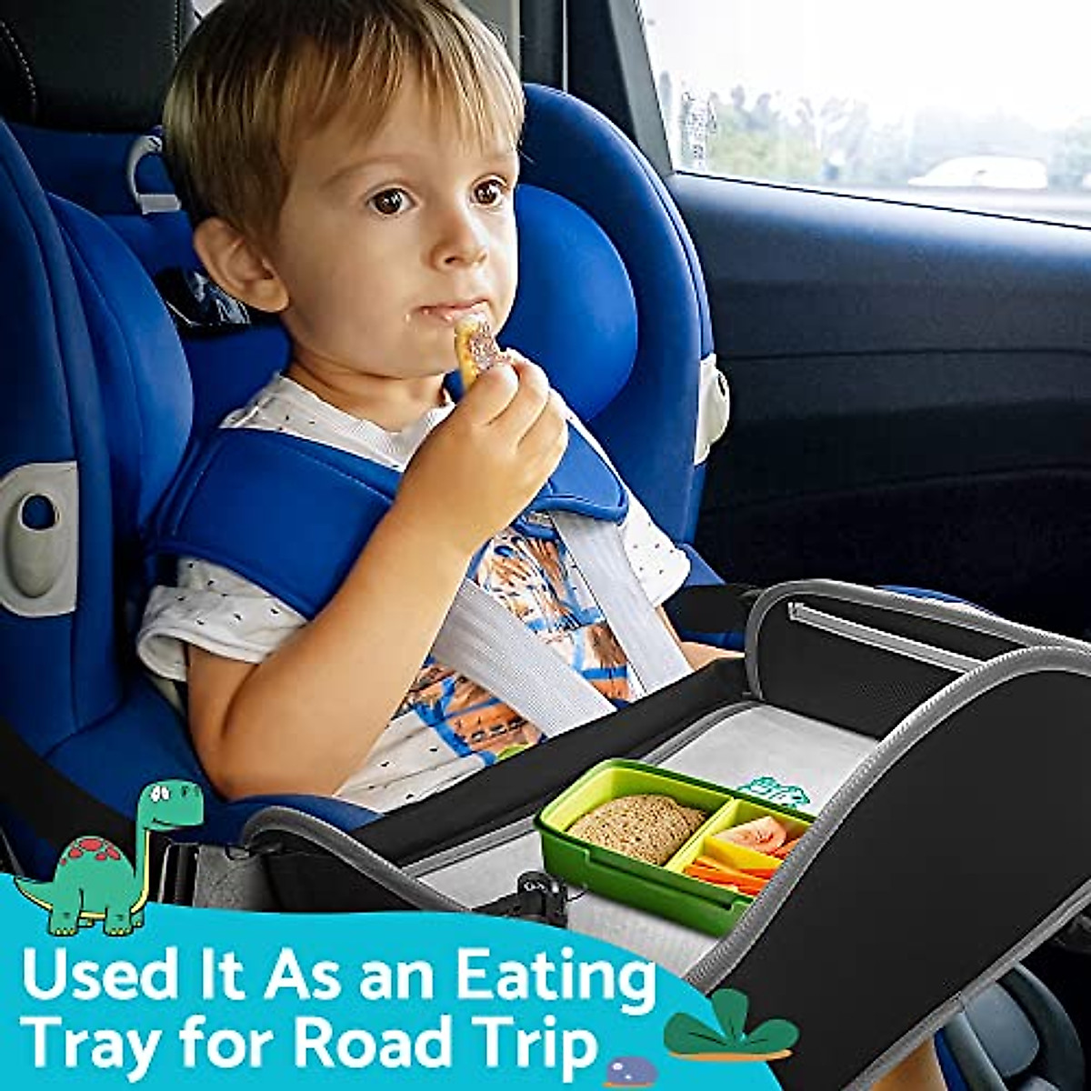 Blissful Diary Kids Travel Tray for Toddler Car Seat, Car Seat Tray for Road Trip, Road Trip Essentials Car Tray with Drawing Kit, Markers Desk Organizer for Car Airplane Travel Activities (Dinosaur)