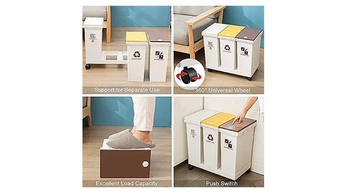 MYOYAY 3 Compartment Trash Can - 16 Gallon Recycling Bin for Kitchen
