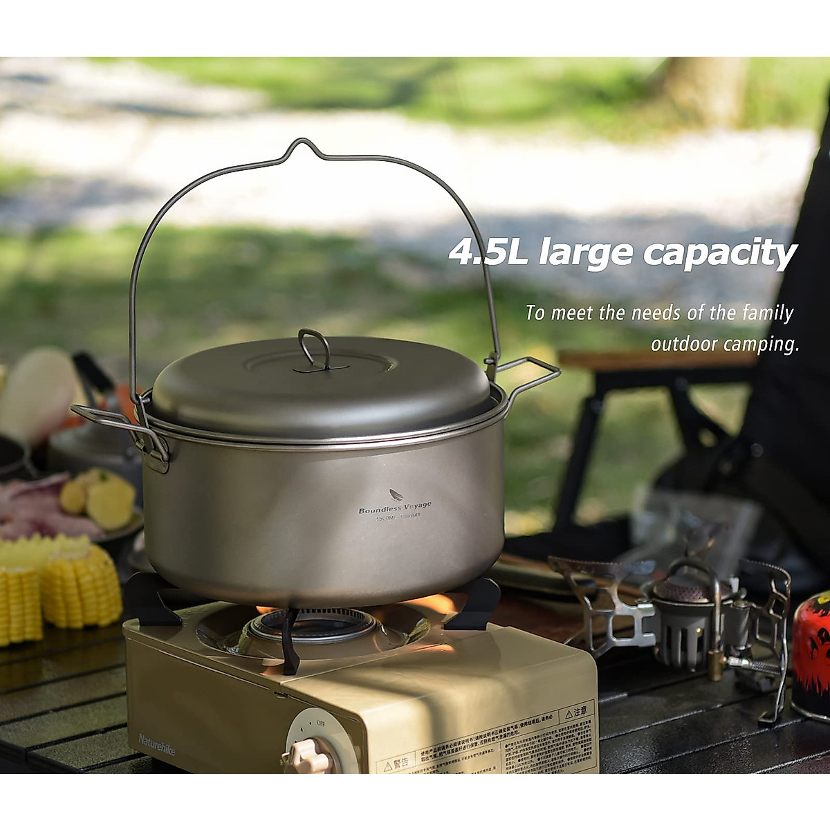 Boundless Voyage Titanium 4.5L Hanging Pot with Steaming Rack Folding Handle Outdoor Camping Cooking Stockpot Steamer Set (4.5L Pot)
