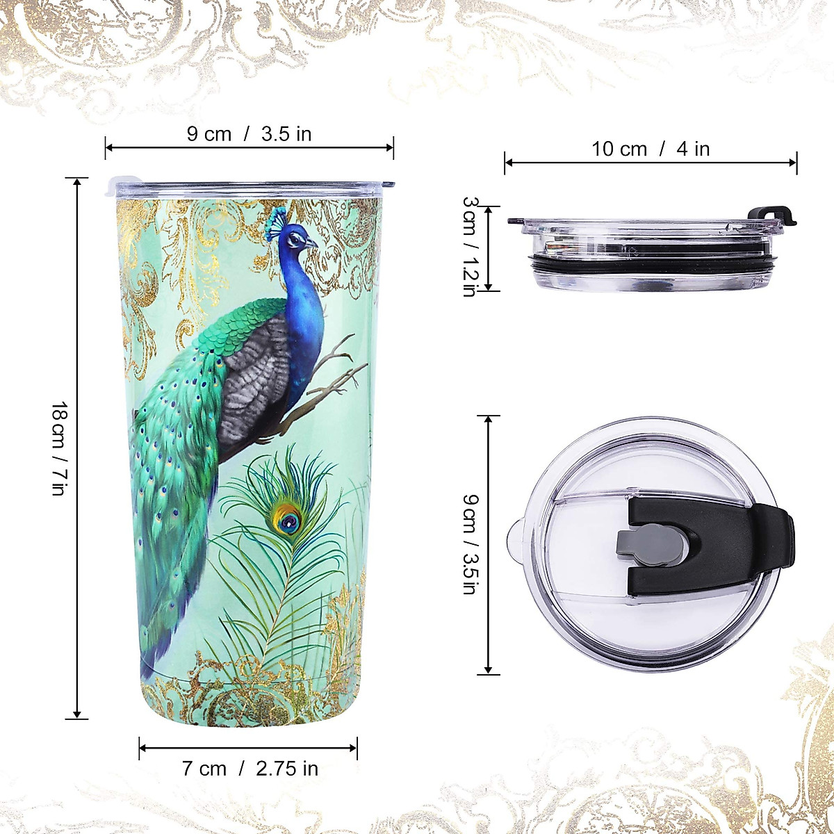 NymphFable 20oz Peacock Mug Tumbler with Straw and Lid Stainless Steel Insulated Travel Mug Double Wall