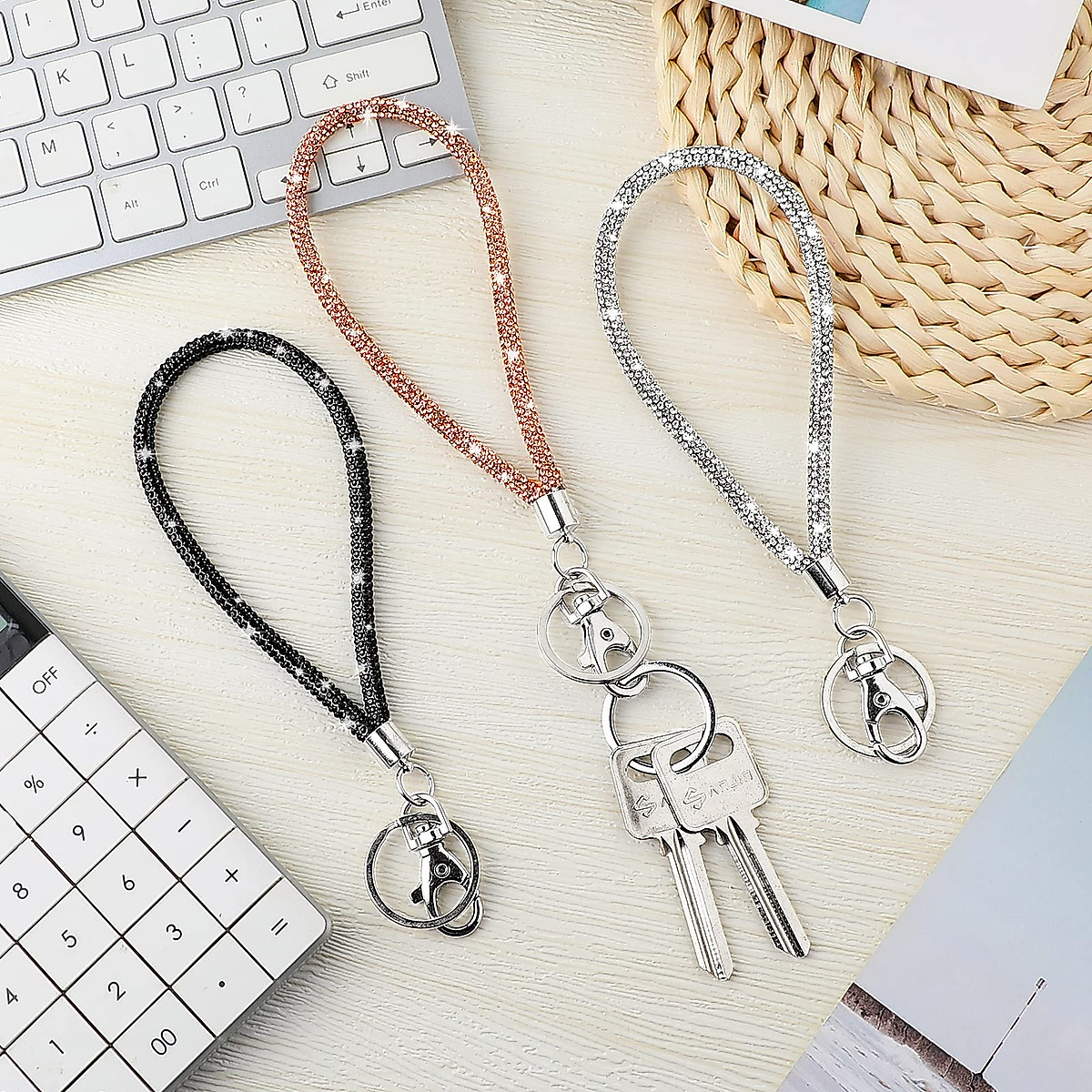 3 Pieces Bling Wristlet Keychain Wristlet Lanyard Keychains for Women Rhinestone Lanyards for Keys Wristlet Keychain for Women Keychain Wallet Credit Card Holder (Black, Champagne, White)