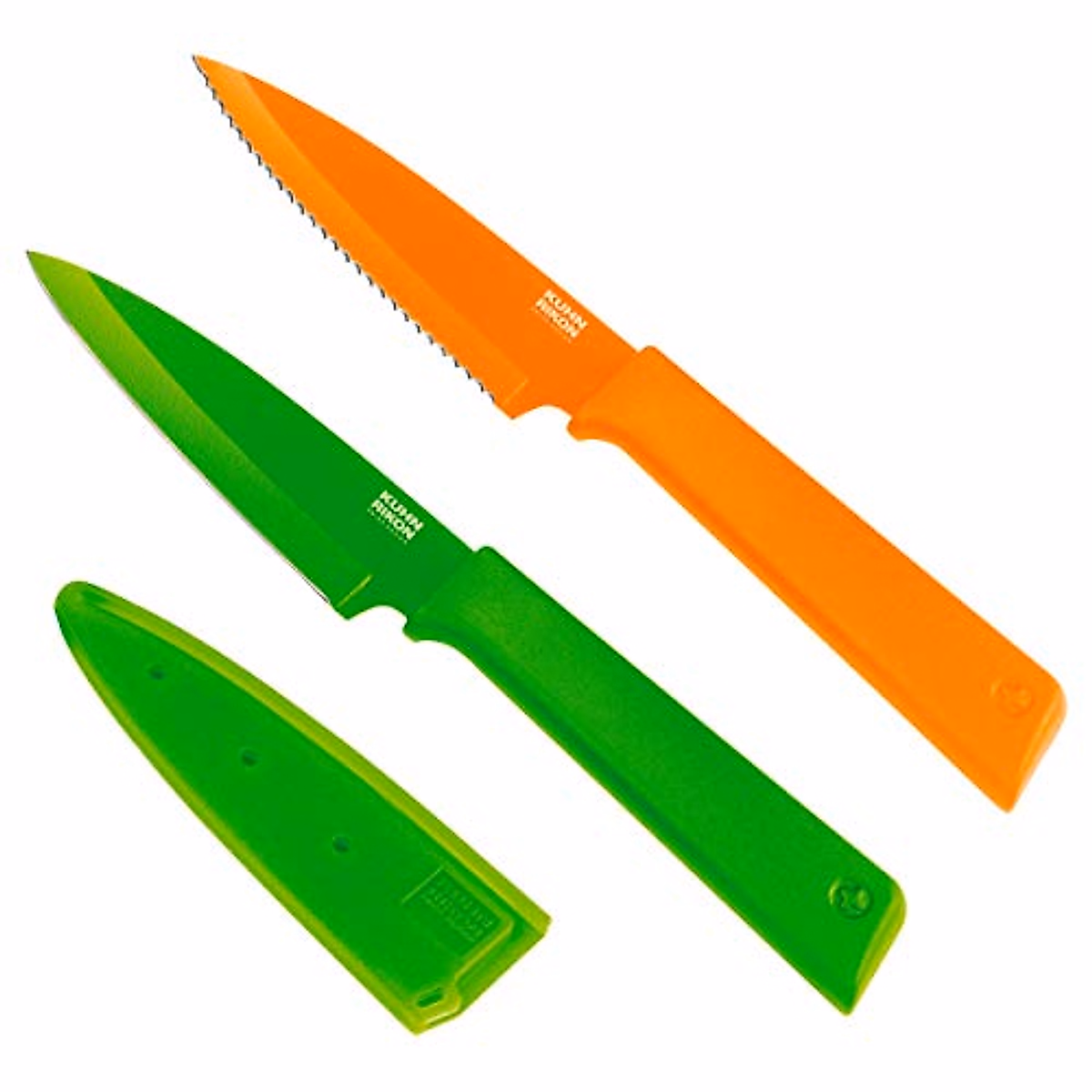 Kuhn Rikon COLORI+ Non-Stick Straight and Serrated Paring Knives with Safety Sheaths, Set of 2, Orange and Green