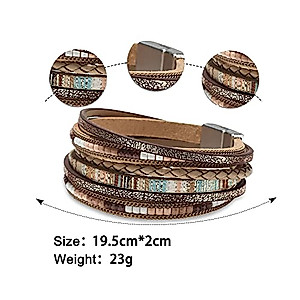 Fesciory Leather Wrap Bracelets for Women, Boho Leopard Multi-Layer Crystal Beads Cuff Bracelet Jewelry(Boho Braid(Brown))