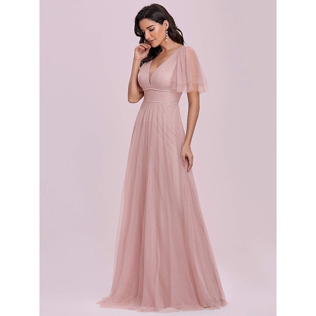 Ever-Pretty Women's Illusion V Neck Short Flare Sleeve Tulle Bridesmaid Dress Pink US4