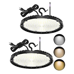 KUKUPPO 2Pack LED High Bay Light 150W 120W 90W Adjustable, 3000K 4000K 5000K Adjustable UFO High Bay Shop Light with Plug, 0-10V Dimmable 100-277V LED Factory Warehouse Lights, UL&DLC Listed
