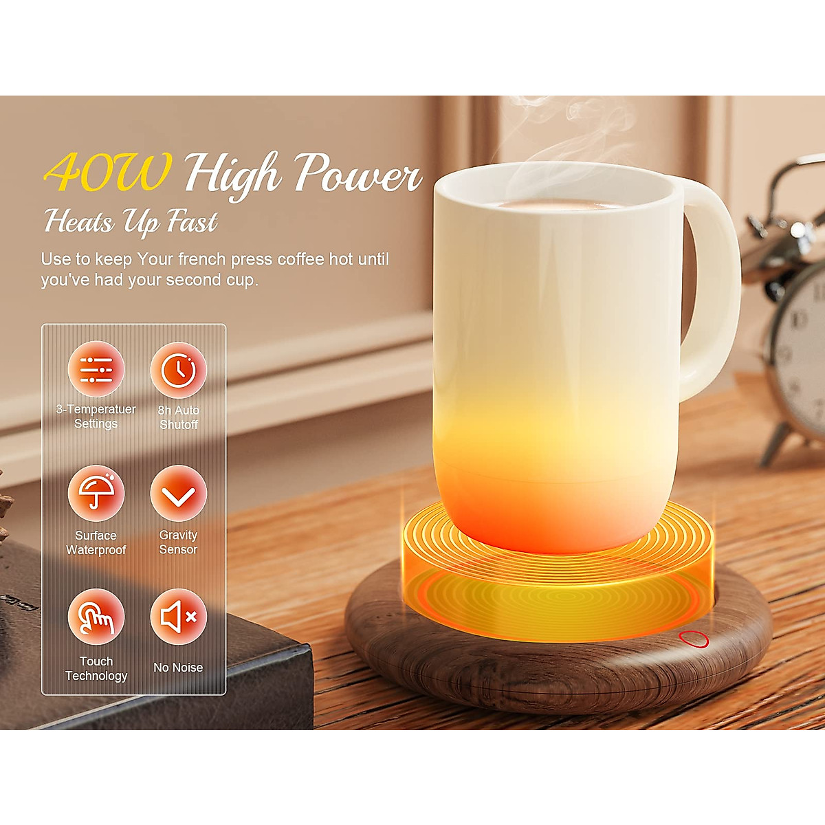 Coffee Mug Warmer, 40W Coffee Cup Warmer for Desk with 3 TEM Setting Breathing Light Gravity-Induction Smart Electric Beverage Warmers Heating Plate for Coffee, Milk, Tea, Candle Wax