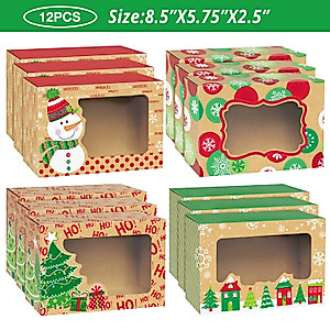 Party Funny 12 Christmas Cookie Boxes -Large Kraft Holiday Bakery Food Container for Gift Giving with 80 Count Christmas Foil Gift Stickers