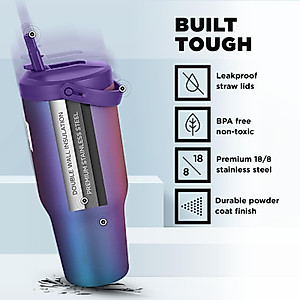 IRON °FLASK Sidekick Insulated Water Tumbler w/Straw & Foldable Handle - Stainless Steel Leak-Proof Bottle, Non-Slip Base & Fits Cup Holders for Hot, Cold Drinks - Travel Mug - 30 Oz, Aurora