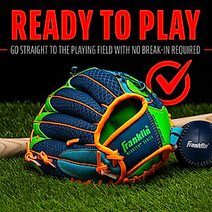 Franklin Sports Baseball Gloves - Meshtek Child's Tball Glove + Ball - Boys + Girls Teeball Mitt Set - Kids + Toddler Right Hand Throw - 9.5" - Navy/Lime/Orange