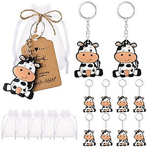 Hicarer 36 Pieces Cow Keychains and 36 Pieces Thank You Kraft Tags with 10 Meters Rope, 36 Pieces White Organza Bags for Cow Baby Shower Return Favors, Wedding Guests Party Supplies