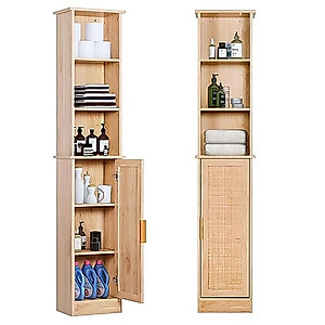 FUQARHY 65'' Tall Bathroom Storage Cabinet Organizer Wood Slim Floor Freestanding Cabinet Linen Tower with Door & 6 Shelves, w/Adjustable Shelves for Home, Bathroom, Kitchen (Natural)