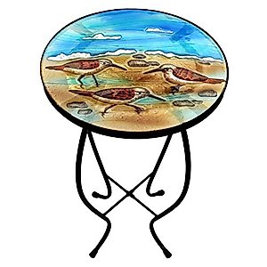 Glass Top Hand Painted Nautical Outdoor Accent Side Round Table (Sandpipper)