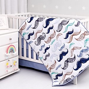 Noisy Mouse - Boho Little Man Mustache, Premium, 100% Organic Cotton 4-Piece Baby Boy Nursery Bedding Crib Set | Baby Comforter | 2 X Fitted Crib Sheets | Crib Skirt (White, Teal, Black, Brown, Blue)