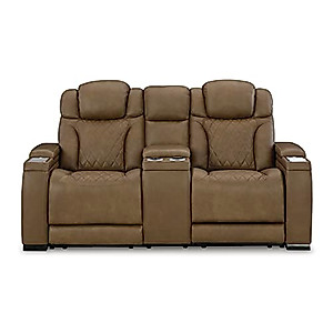 Signature Design by Ashley Strikefirst Contemporary Tufted Leather Power Reclining Loveseat with Console and Adjustable Headrest, Light Brown