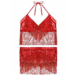Kakaco Belly Dance Skirt with Crop Top Sequins Fringe Skirts Set Rave Dance Bra Top Party Costume Outfits for Women and Girls (A-Red)