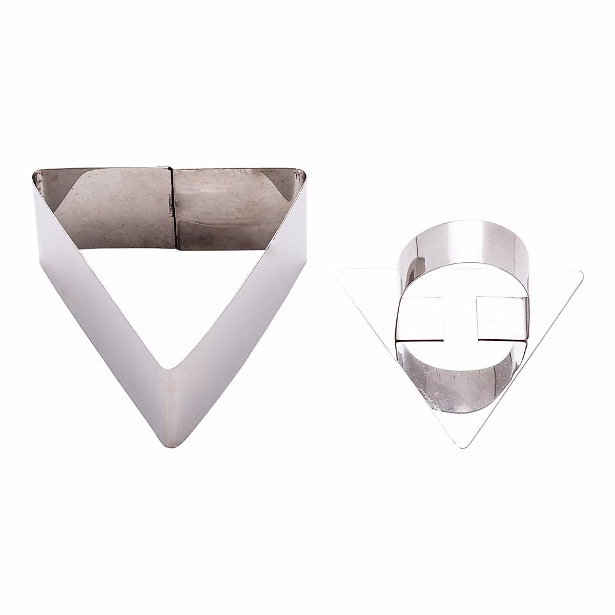 Restaurantware Pastry Tek 3.2 x 1.3 x 1.5 Inch Cake Ring Mold 1 Triangle Cooking Ring With Food Press - Small Dishwasher-Safe Stainless Steel Mousse Mold Oven-Safe For Pancakes or Cheesecakes