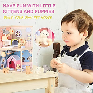 TQQFUN Cat and Dog Pretend Playset for Kids, 50Pcs Pet Figurines Toys, Toddlers Stem Building Pet Dollhouse Montessori Toy, Cat Condo for Boys and Girls