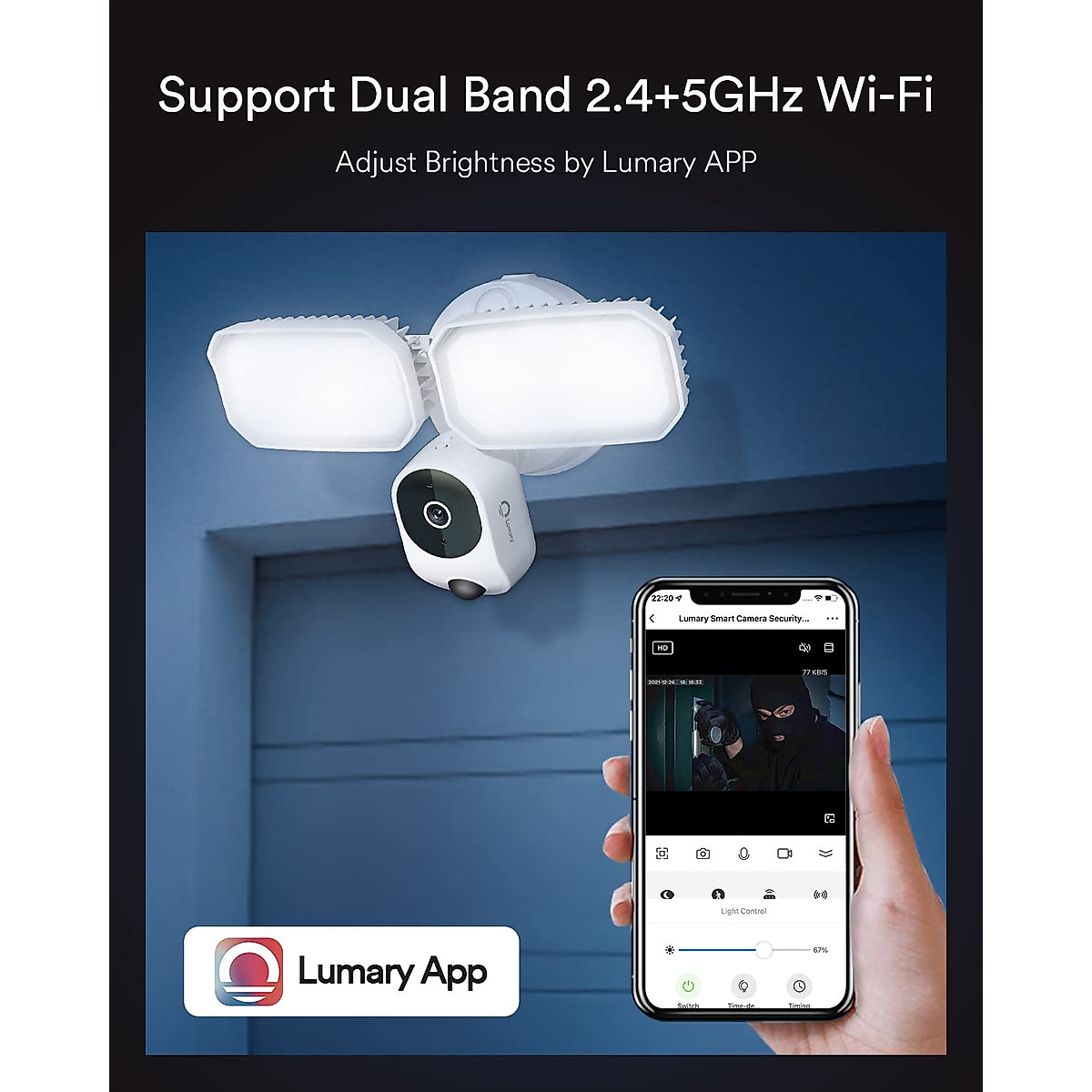 2K Floodlight Camera, Dual Band 2.4/5 GHz Hardwired Home Security Smart Wireless Camera with 3000 Lumens Flood Light Motion Tracking Built-in Siren Alarm Night Vision IP65 Waterproof