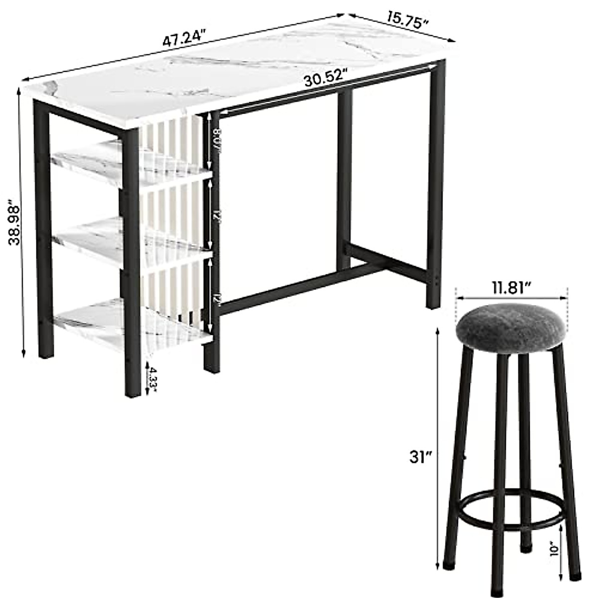 AWQM Bar Table Set with Storage Shelves, 47" Modern White Faux Marble Breakfast Table with 2 Velvet Stools, 3-Piece Dining Set for 2, Space Saving Table for Kitchen/Dinning Room/Living Room/Studio