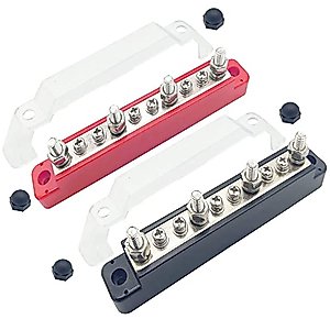 ROYFACC Bus Bar Power Distribution Block 4 x 1/4" Studs 6 x M4 Screw Terminal Block with Cover 150 Amp Rating for Car Boat Marine Caravan RV (Black + Red)