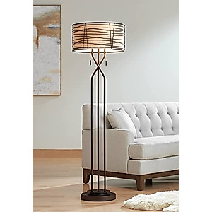 Franklin Iron Works Marlowe Industrial Rustic Farmhouse Lamp Floor Standing 60 1/2" Tall Bronze Woven Iron Metal Burlap Fabric Double Drum Shade for Living Room Reading Bedroom Office House Home