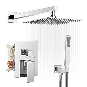 BWE 12 Inch Square Bathroom Luxury Rain Mixer Shower Combo Set Wall Mounted 2-Functions Rainfall Shower Head System Polished Chrome Shower Faucet Rough-in Valve Body and Trim Included